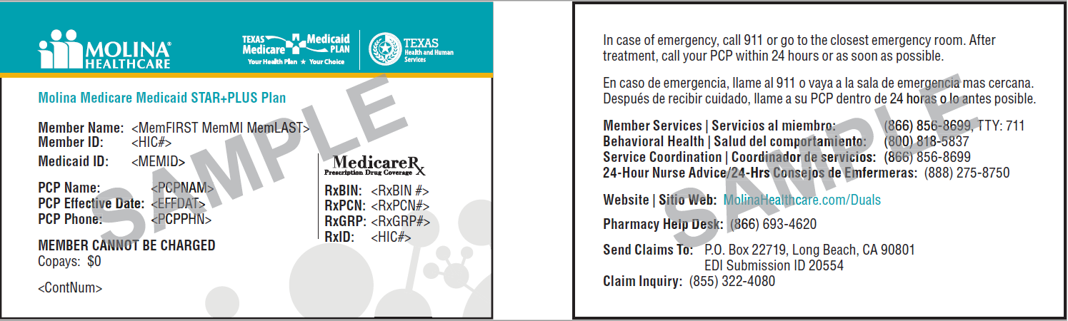 Member ID | Molina Medicare Medicaid STAR+PLUS Plan